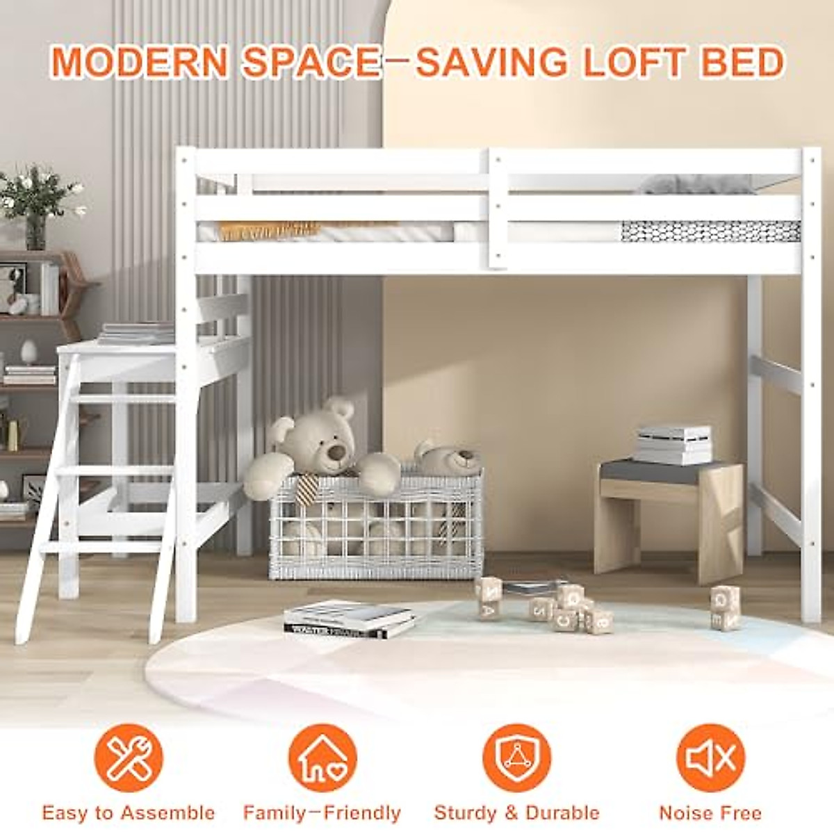 Dolonm Full Loft Bed with Platform, Wooden Low Height Loft Bed Frame with Ladder, Metal Loft Bed Frame for Kids Teens Adults, Full Size for Bedrooms, White