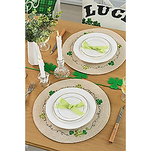 Feuille Round St Patricks Day Placemats Set of 4 PP Shamrock Placemats for Dining Table St Patrick Table Mats Green Embroidery Perfect for St Patricks Day Decorations