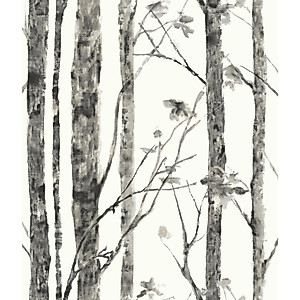 RoomMates RMK11728WP Birch Trees Gray Peel and Stick Wallpaper, White/Grey