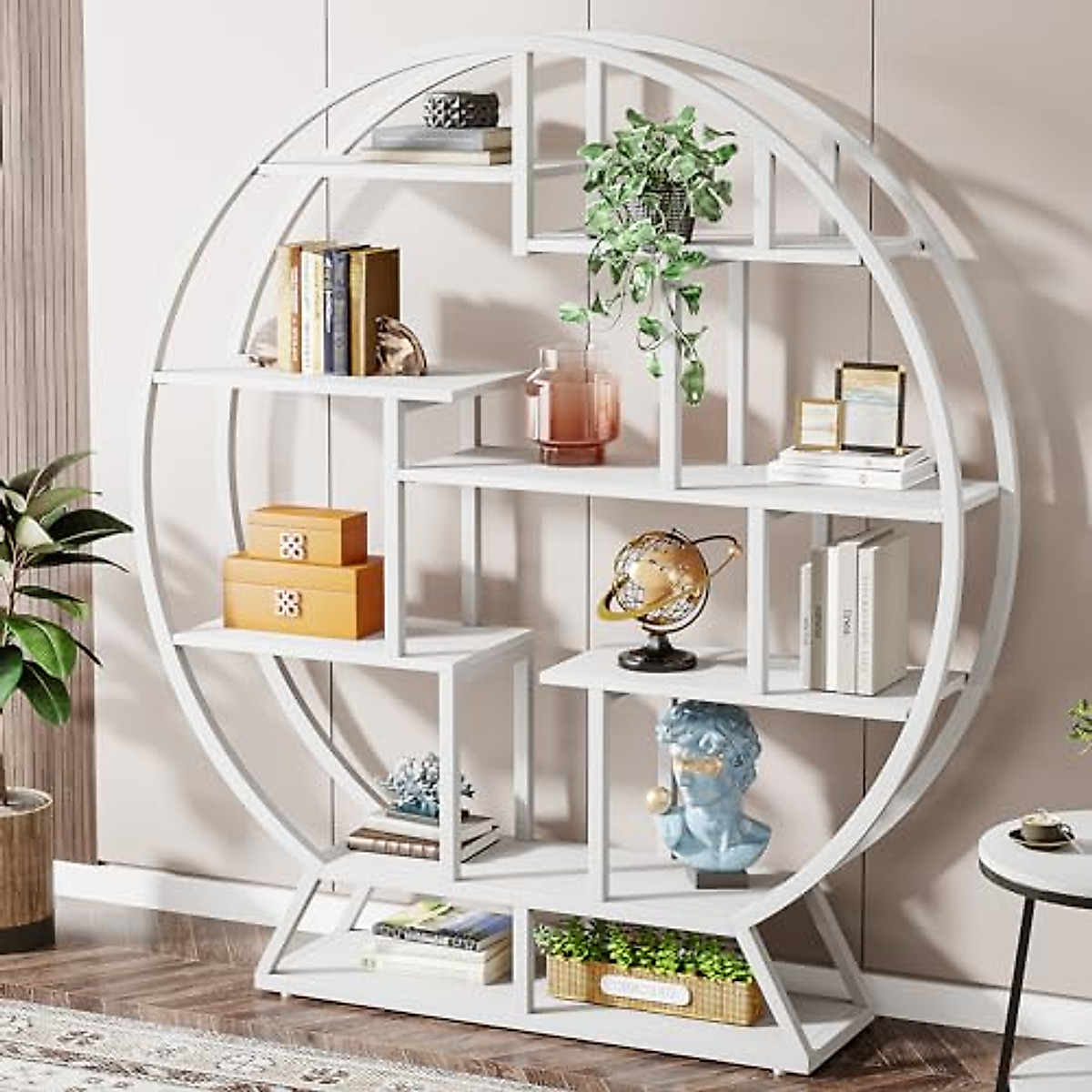 Tribesigns Bookshelf, Round Bookshelves Etagere Bookcase, 63 Inch Wood Book Shelf with Staggered Shelves, Rustic Open Shelving Organizer Rack Display Shelf for Home Office, Living Room, White