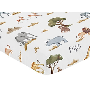 Sweet Jojo Designs Jungle Animals Boy Girl Fitted Crib Sheet Baby Toddler Nursery Hunter Green Yellow Grey Rust Orange Black White Wildlife Safari Animal Elephant Giraffe Lion Monkey Leopard Cheetah
