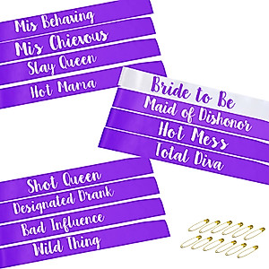 HAPRTY Bachelorette sash Set for Bridesmaids, Maid of Honor Team Bride Sashes for Bachelorette Party Supplies Bridal Shower & Hen Party Decorations, Purple, White + Purple, 12.0 Count