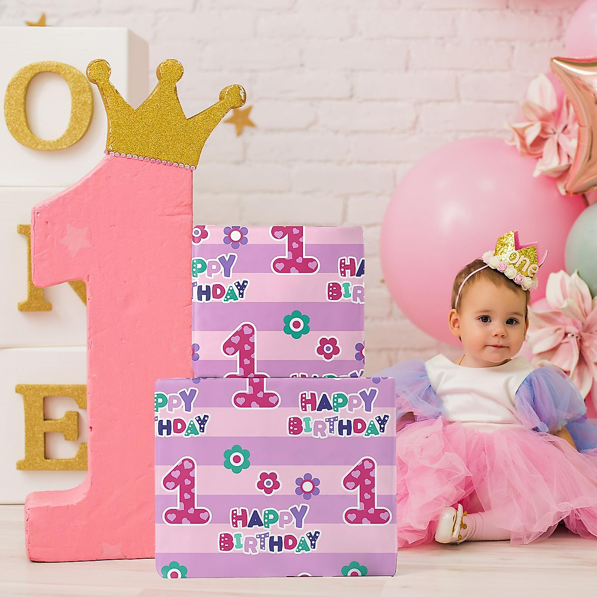 WRAPAHOLIC 1st Birthday Wrapping Paper Sheet - 6 Sheets Pink Happy Birthday with Floral Design Folded Flat for Birthday, Party, Baby Showers - 19.7 Inch X 27.5 Inch Per Sheet