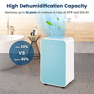 COSTWAY 2500 Sq. Ft Dehumidifier for Basement, 32 Pints Portable Quiet Dehumidifier with Sleep Mode, 24H Timer, Auto Shut Off, Auto Defrost & Drain Hose for Basement Bathroom (Navy)
