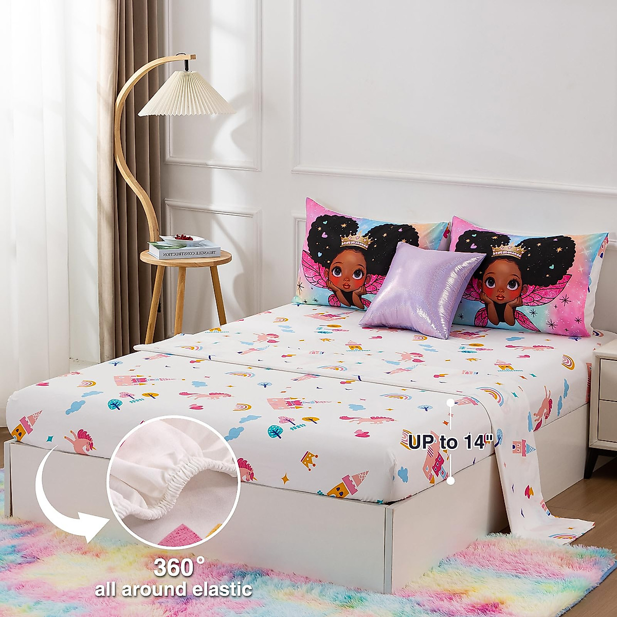 A Nice Night Black Girl Princess with Wings Comforter Set,Pink Gradient Glitter Rainbow Galaxy 6pcs Kids Bedding Set,Twin