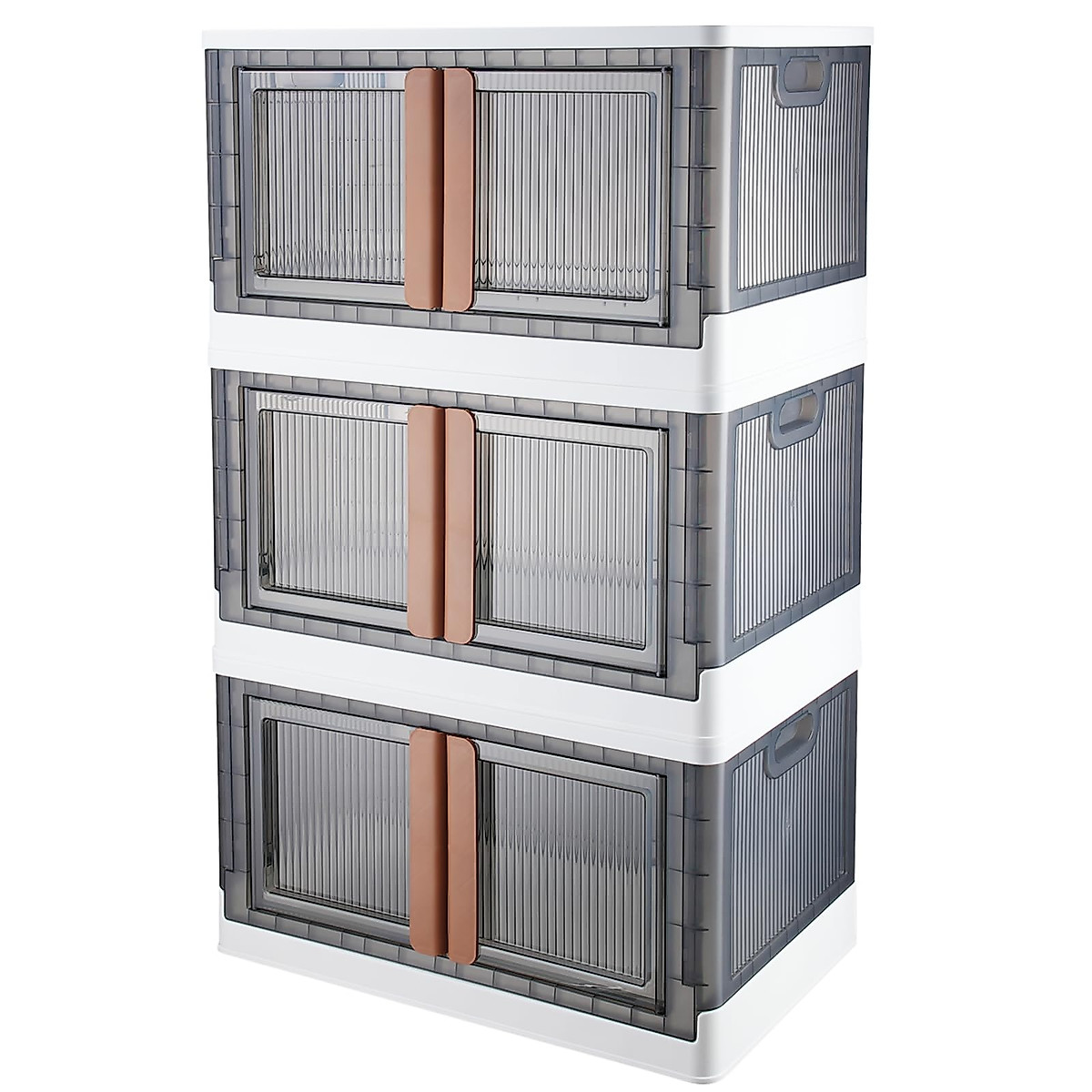 Joyoolife Folding Storage Bin with Lid, 3 PCS 25 Gallons (86Qt) Clear Folding Storage Cabinet with Doors,Collapsible Organizer with Wheels, Stackable Plastic Container for Quilts, Clothes, Books