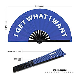 I Get What I Want hand fan foldable bamboo circuit hand fan funny gag slang words expressions statement gifts Festival accessories Rave handheld Circuit event fan Clack fans (Blue)