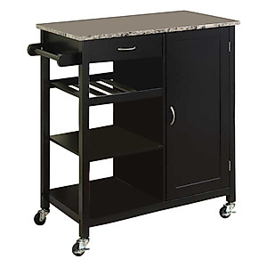 King's Brand Furniture-Black Wood & Marble Finish Top Kitchen Storage Cabinet Cart