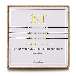 RareLove 3 Pieces BFF Friendship Morse Code Bracelet Birthday Best Friends Gift For 3 Women Blue White Tiny Pony Seed Beads Black String Bracelets