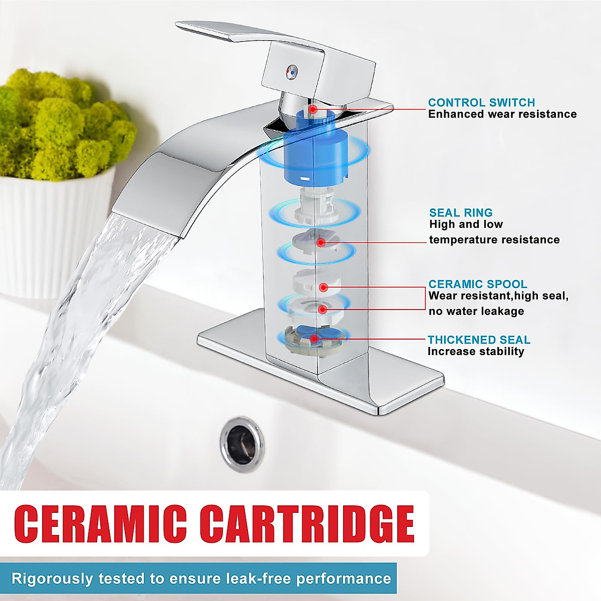 Midanya Bathroom Sink Faucet Waterfall Spout Single Handle 1 Hole Deck Mount Mixer Tap Lavatory Vanity Vessel Faucet Commercial with Pop Up Drain,Short, Polish Chrome