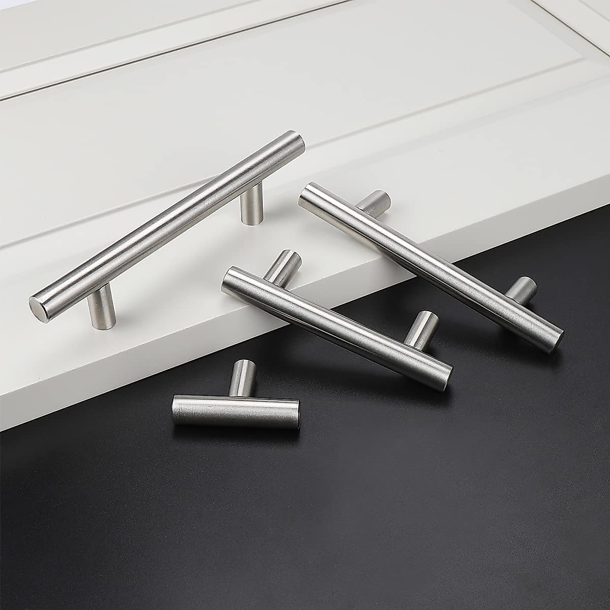 Gobrico 50 Pack Brushed Nickel Cabinet Pulls, Euro Style T Bar Cabinet Handles, Satin Nickel Dresser Drawer Pulls - 3" Hole Centers