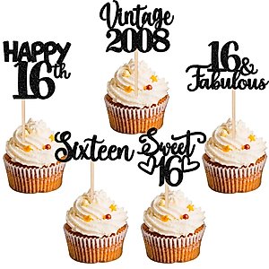 30PCS Happy 16th Birthday Cupcake Toppers Glitter Sixteen Vintage 2008 Cupcake Picks Cheers to 16 Fabulous Cake Decorations for 16th Birthday Wedding Anniversary Party Supplies Black