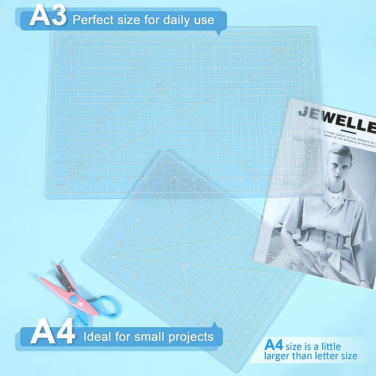 Semi-transparent Cutting Mat 18" x 12" Self Healing Sewing Mat, Idemeet Rotary Cutting Sewing Mat for Crafts, 5-Ply Blade Table Protector for Fabric Leather Cutting Quilting Modeling Hobby Project, A3