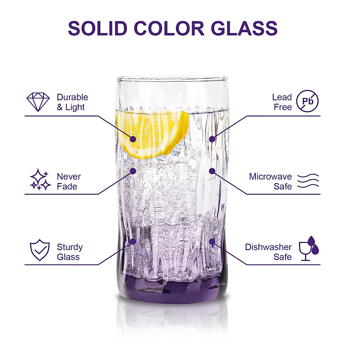 CREATIVELAND Solid Color Drinking Glasses Set of 6, 13.5 OZ Wind-blown Ripples Glass Tumbler Glassware for Water, Juice, Different Options for Home, Restaurant, Hotel, Bar,Purple