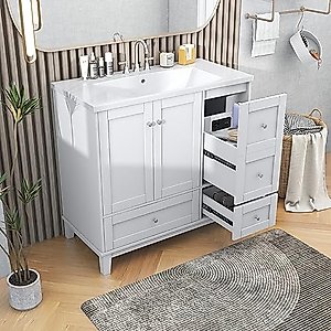 Polibi 36" Modern Bathroom Vanity with USB Charging, Two Doors and Three Drawers Bathroom Storage Vanity Cabinet, Small Bathroom Vanity Cabinet with Single Sink, White, Faucets Not Included