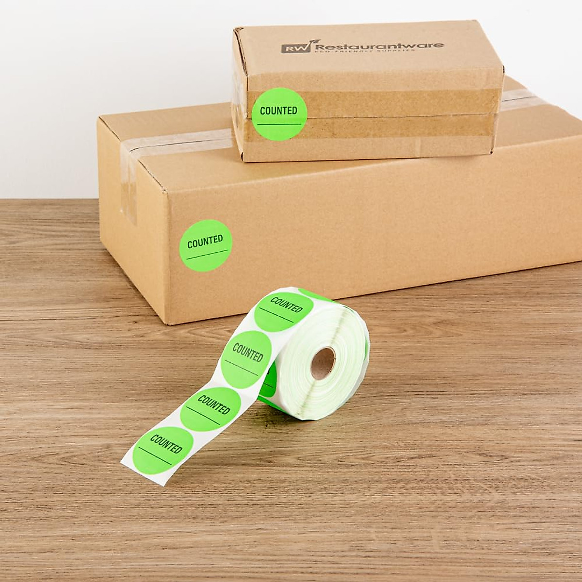 Restaurantware Label Tek 2 x 2 Inch Packaging Stickers 1000 Premium Shipping Labels - Counted Sustainable Green Paper Inventory Stickers High-Visibility with Strong Adhesives
