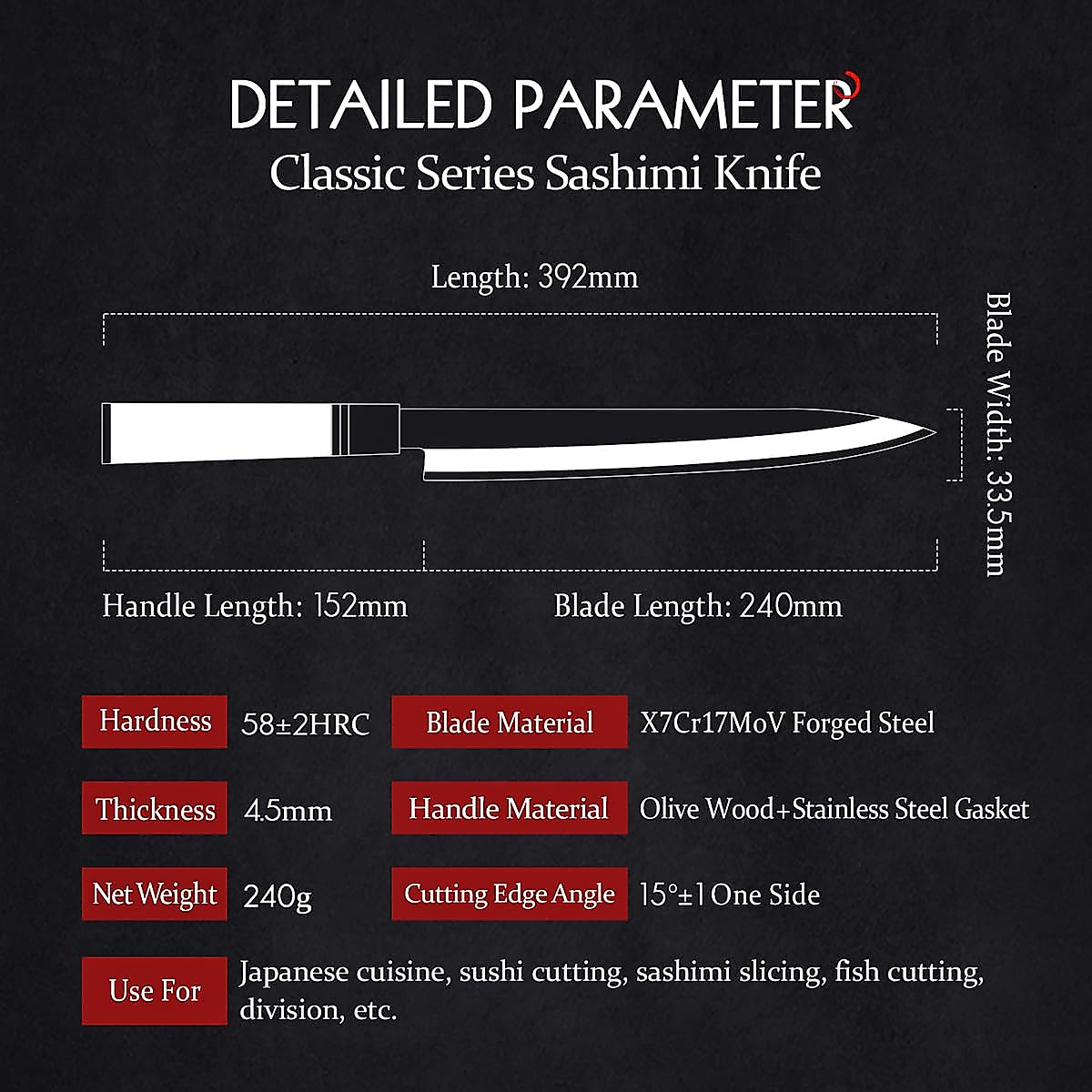 HEZHEN 240mm Sashimi Knife,Sushi Yanagiba Knife,Olive Wood Handle With Wooden Knife Case