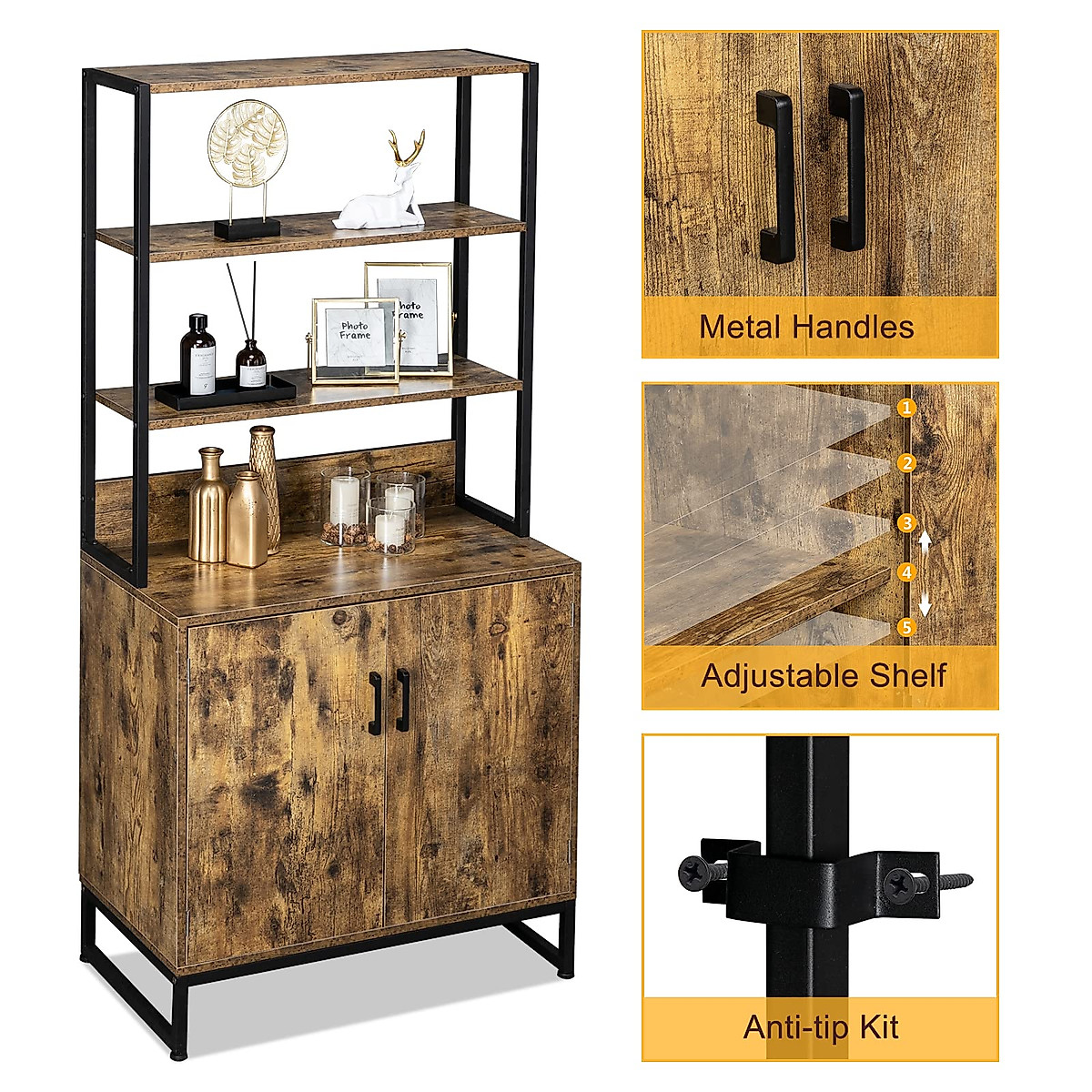 VINGLI Bookshelf with Storage Cabinet, Tall & Wide Industrial Bookcase with 2 Doors & 3-Tier Shelves for Living Room/Bedroom/Office (Rustic Brown, 30'' x 16'' x 69'')