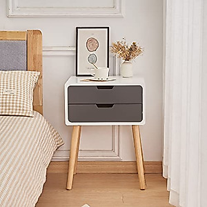 Mid Century Modern Nightstand Set of 2 Wood End Table Bedroom Bedside Table with 2 Drawers Solid Wood Feet Boho Grey Minimalist Clearance Nightstands Bed Side Tables Bedroom Grey and White