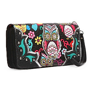 Colorful Owl Rhinestone Studded Spring Western Style Studs Fashion Clutch Purse Women Country Wrist Strap Wristlets Wallet