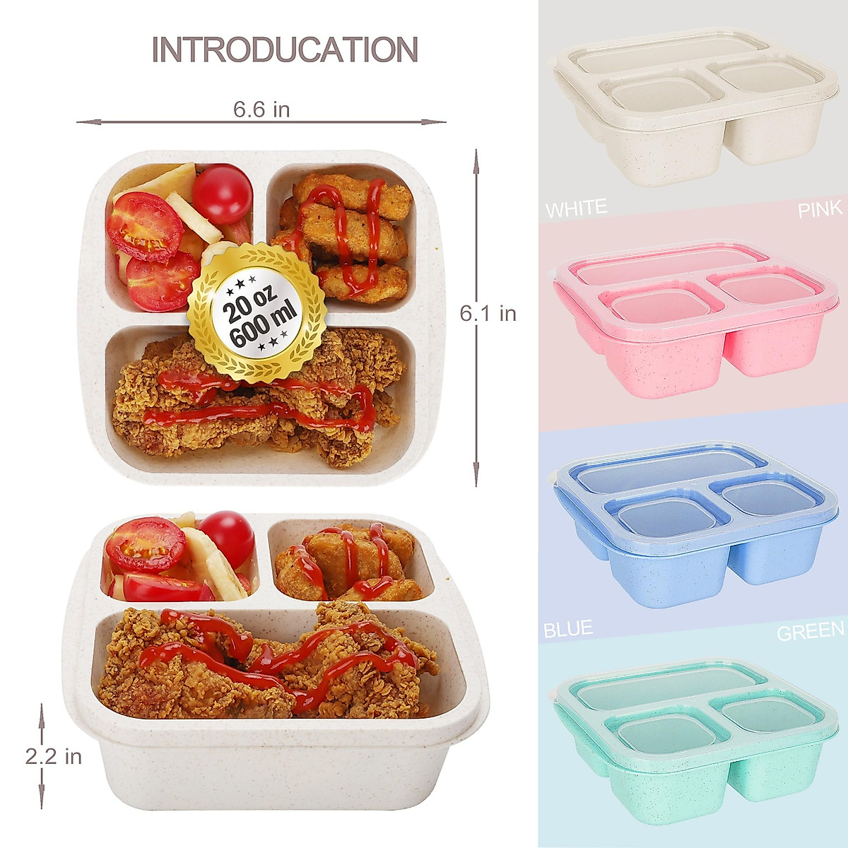 Bento Box For Kids, 4 Pack 3 Compartments Meal Prep Containers Reusable Lunch Containers, Food Storage Containers With Lids, Stackable Snack Boxes for School, Work, and Travel