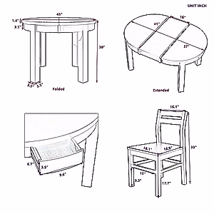 Dinehome 5 Piece Extendable Round Dining Table Set for 4-6 with Storage Drawers and Four Chairs,16" Removable Leaf, Espresso