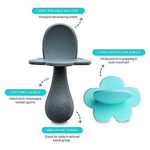 Grabease Baby Silicone Spoon Set for Baby-Led Weaning & First Stage Self-Feeding: Soft, Safe 100% Food-Grade Silicone, Safe for Dishwasher, No BPA/PVC/Latex/Phthalates, Set of 2 (Teal, Gray)