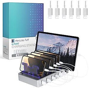 Hercules Tuff Charging Station for Multiple Devices, with 6 USB Fast Ports, Compatible with Cell Phones, Smart Phones, Tablets, and Other Electronics (Silver)