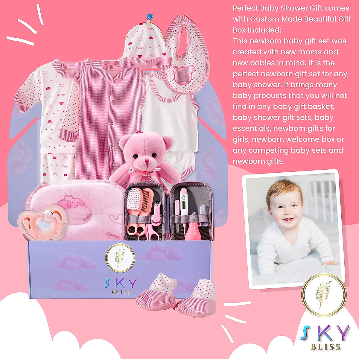Sky Bliss 20 Piece Baby Gift Set (Pink), Newborn Baby Gift Set, Baby Clothes, Teddy Bear, Pacifier, Baby Grooming kit, Gifts for a New Baby Girl, Baby Girl Newborn Essentials
