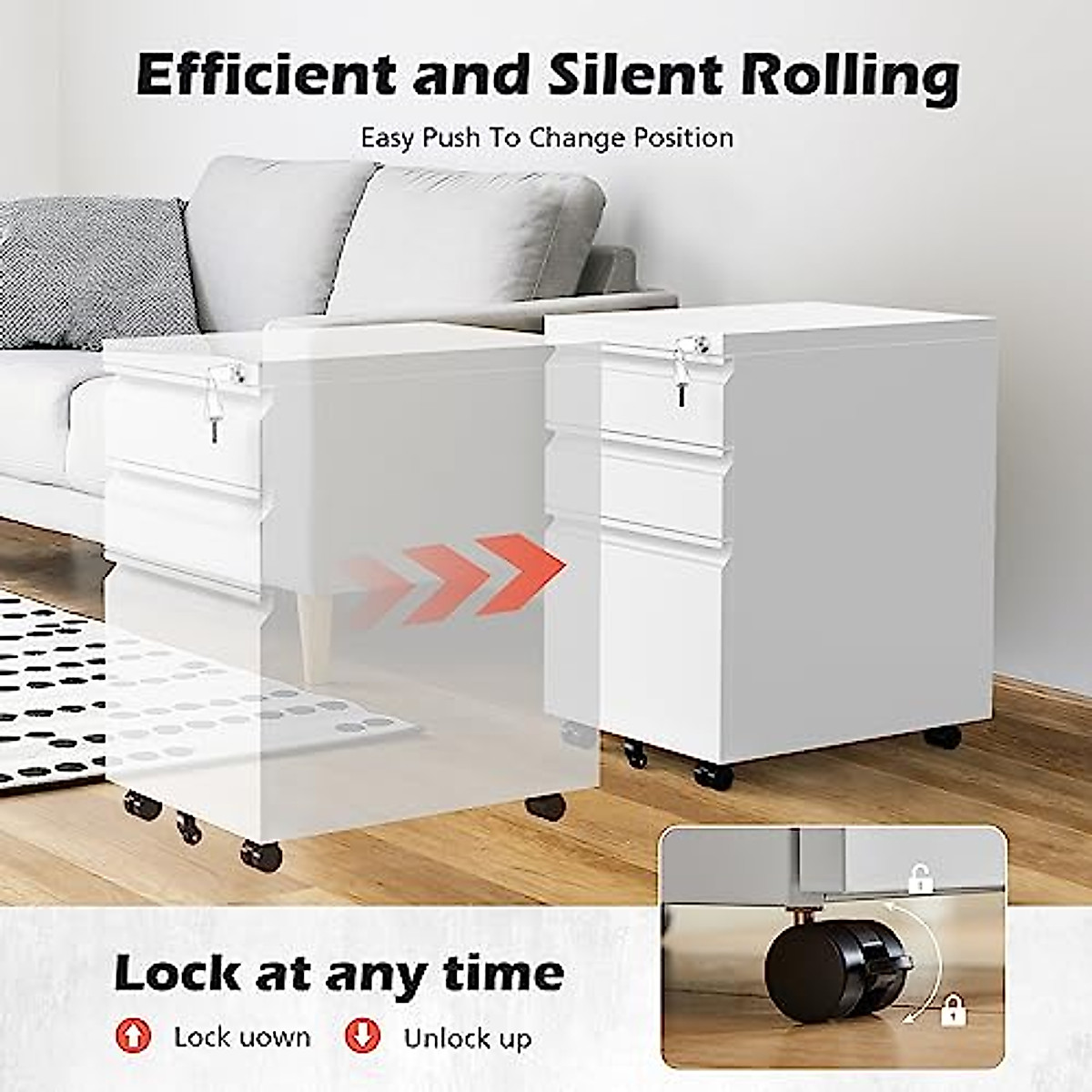 OLIXIS Home Office, File Cabinet Fireproof with Lock, Mobile Storage with Pre-Assembled, 3 Drawer, White