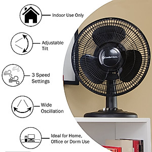 Comfort Zone CZ121BK 3-Speed 12-inch Oscillating Table Fan with Adjustable Tilt