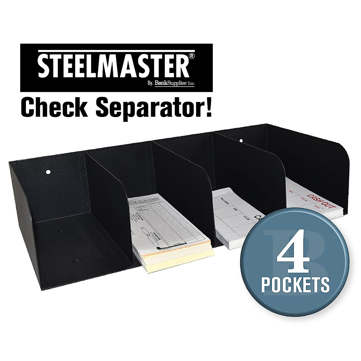 STEELMASTER by BankSupplies Steel Document Organizer | 4-Pockets | Black | Powder Coated Crinkle Finish | Scratch & Chip-Resistant | Check Separator, Deposit Slips, Letter Organizer, Money & Bills