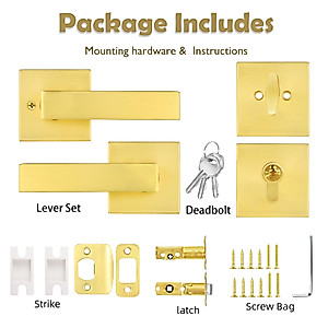 Satin Brass Door Handle Set with Single Cylinder Deadbolt and Lever Gold Keyed Front Entry Door Locksets