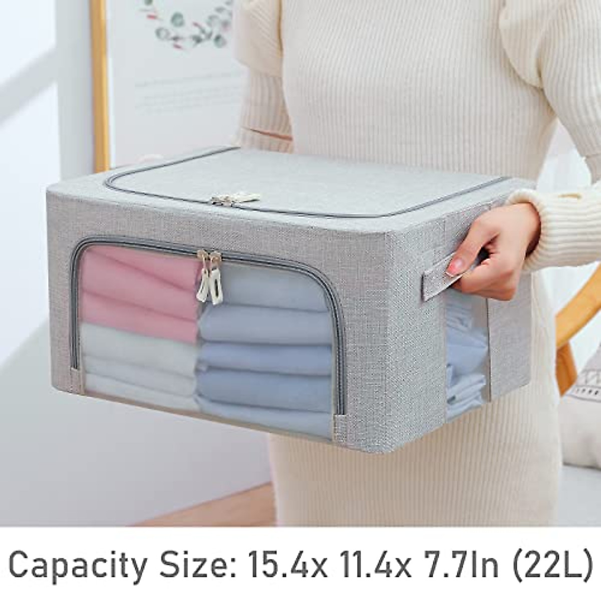 FAikhom 3 Pack Clothes Storage Bins Stackable Storage Box Large Capacity Foldable Metal Frame Storage Container Organizer with Mesh Window and Carrying Handles (Small-22L, Light Gray)