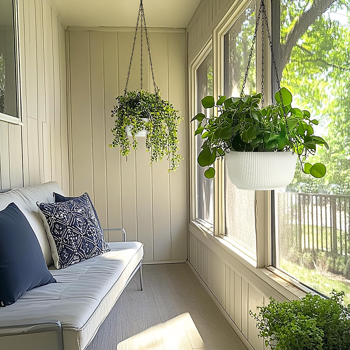 T4U 10 Inch Hanging Planters for Indoor Outdoor Plants, 2 Pack White Self Watering Hanging Plant Pot, Hanging Pots Set with Drainage Hole & Plug & Chain with 3 Hooks for Garden Home Decor