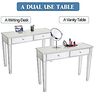 Binrrio Mirrored Console Table, Silver Glass Mirrored Makeup Vanity Table Desk for Women, Writing Desk Media Console Table for Home Living Room Bedroom Office Smooth Finish (Sliver-2 Drawers)