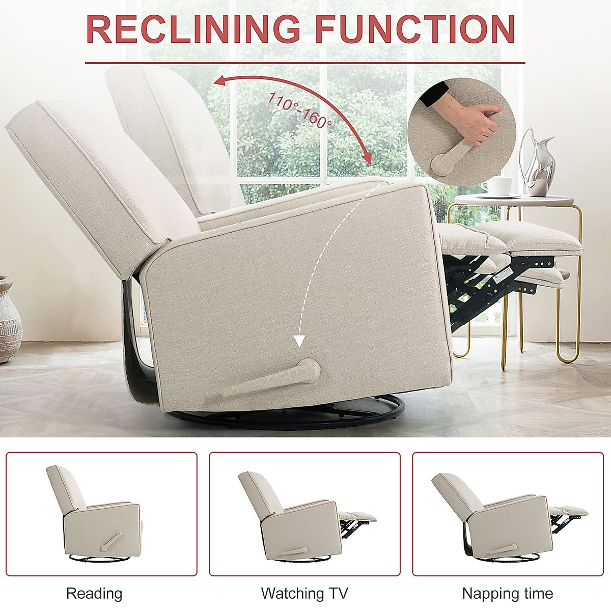 EASELAND Swivel Rocker Recliner Chairs,Large Nursery Glider Chair with Manual Puller,360°Rotation Reclining Glider Chair with Linien Fabric,Modern Lounge Nursery Chair for Living Room(Beige)