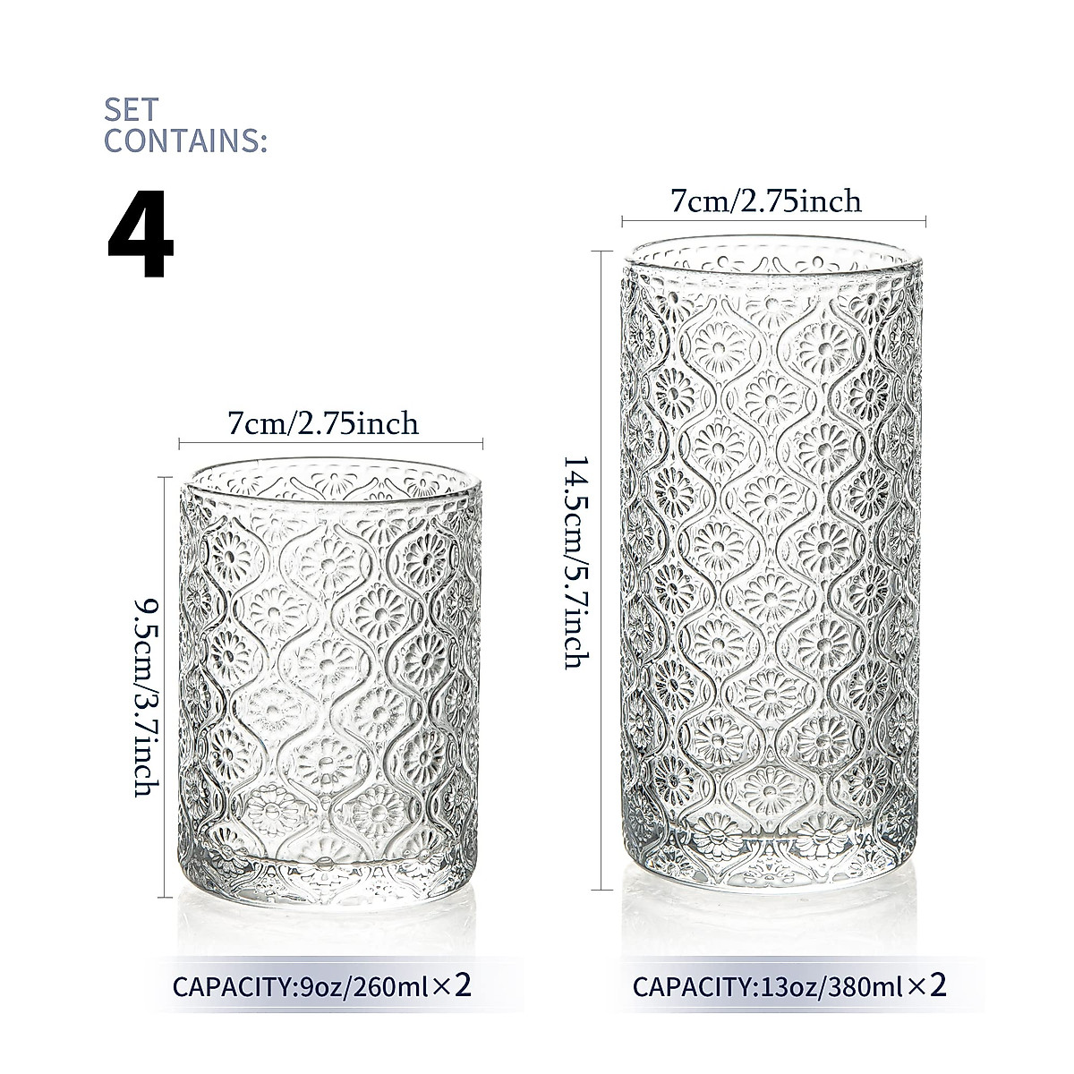 POLIDREAM Set of 4 Vintage Embossed Glass Cups | Art Deco Glassware | 2 Tall Crystal Tumblers & 2 Short DOF Glasses | Ideal for Whiskey, Beer, Juice, Water | Perfect for Home, Bars, Parties