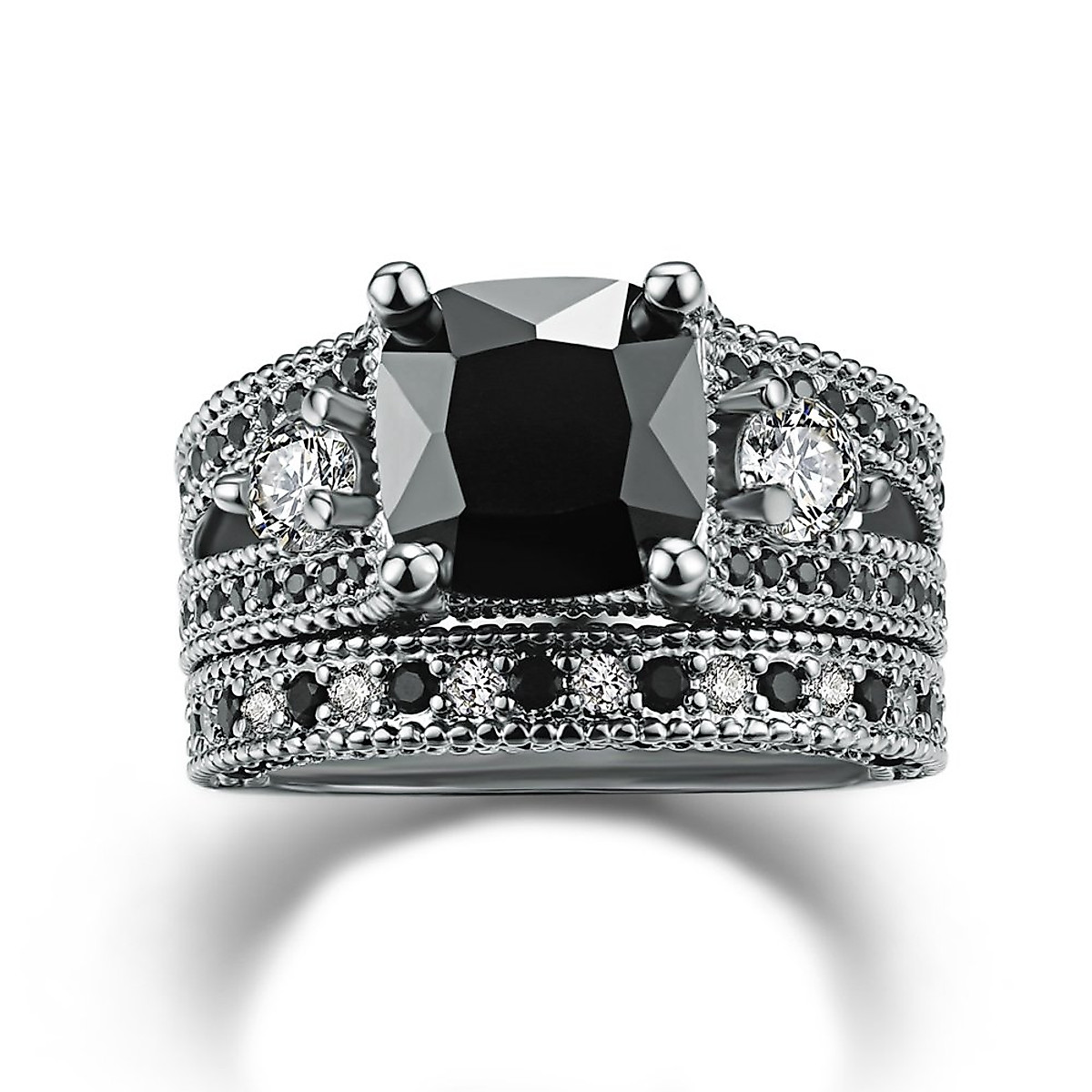 FENDINA Womens Luxurious 18K White Gold Plated Wedding Engagement Rings Princess Cut 2.5ct Created Black Diamond Solitaire Anniversary Promise Rings Set, 9