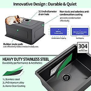 EcoChannels Undermount Kitchen Sink, 24 x 19 Inch Sink Kitchen 16 Gauge Stainless Steel Kitchen Sinks Gunmetal Black Single Bowl Workstation Sink with Cutting Board