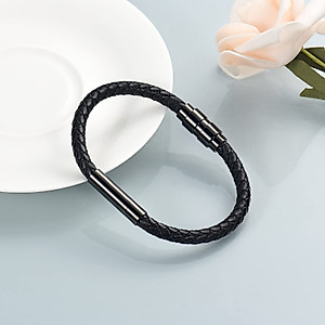 shajwo Cremation Jewelry Cylinder Urn Bracelet for Ashes for Women Men Leather Memorail Ashes Bracelet,Black-22cm