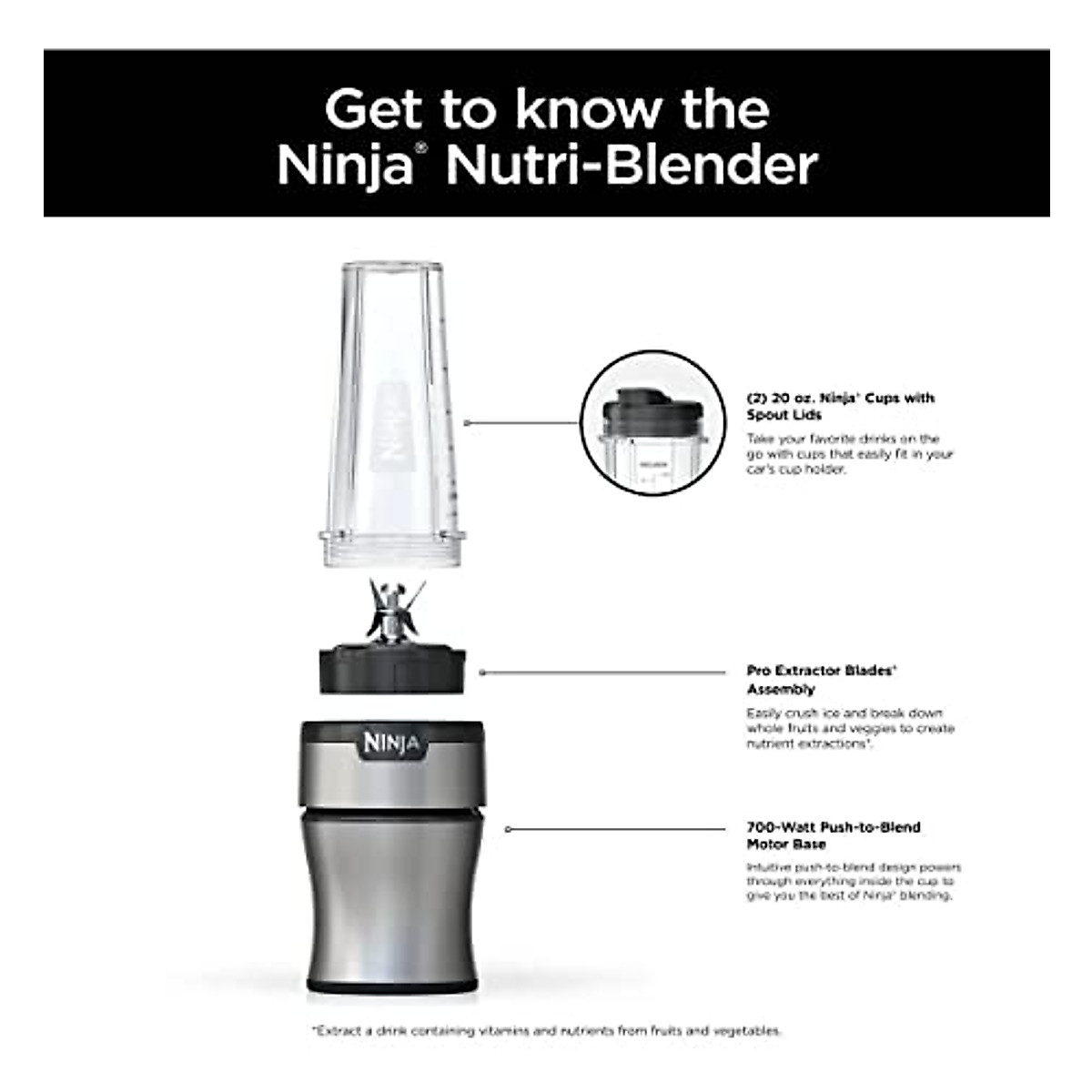 Ninja BN300 Nutri-Blender 900-Peak-Watt Personal Blender, 2 Dishwasher-Safe To-Go Cups (Renewed)