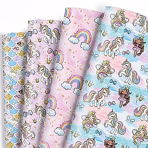 Dtiafu Unicorn Wrapping Paper - 12 Sheets Birthday Wrapping Paper for Girls Kids - Unicorn Princess Rainbow Mermaid Scale Gift Wrap in Pink Purple - 20 X 28inch Per Sheet