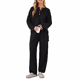 PRETTYGARDEN Women's 2 Piece Tracksuit Outfits 2024 Fall Knit Sweater And Wide Leg Pants Sweatsuit Lounge Sets (Black,Large)