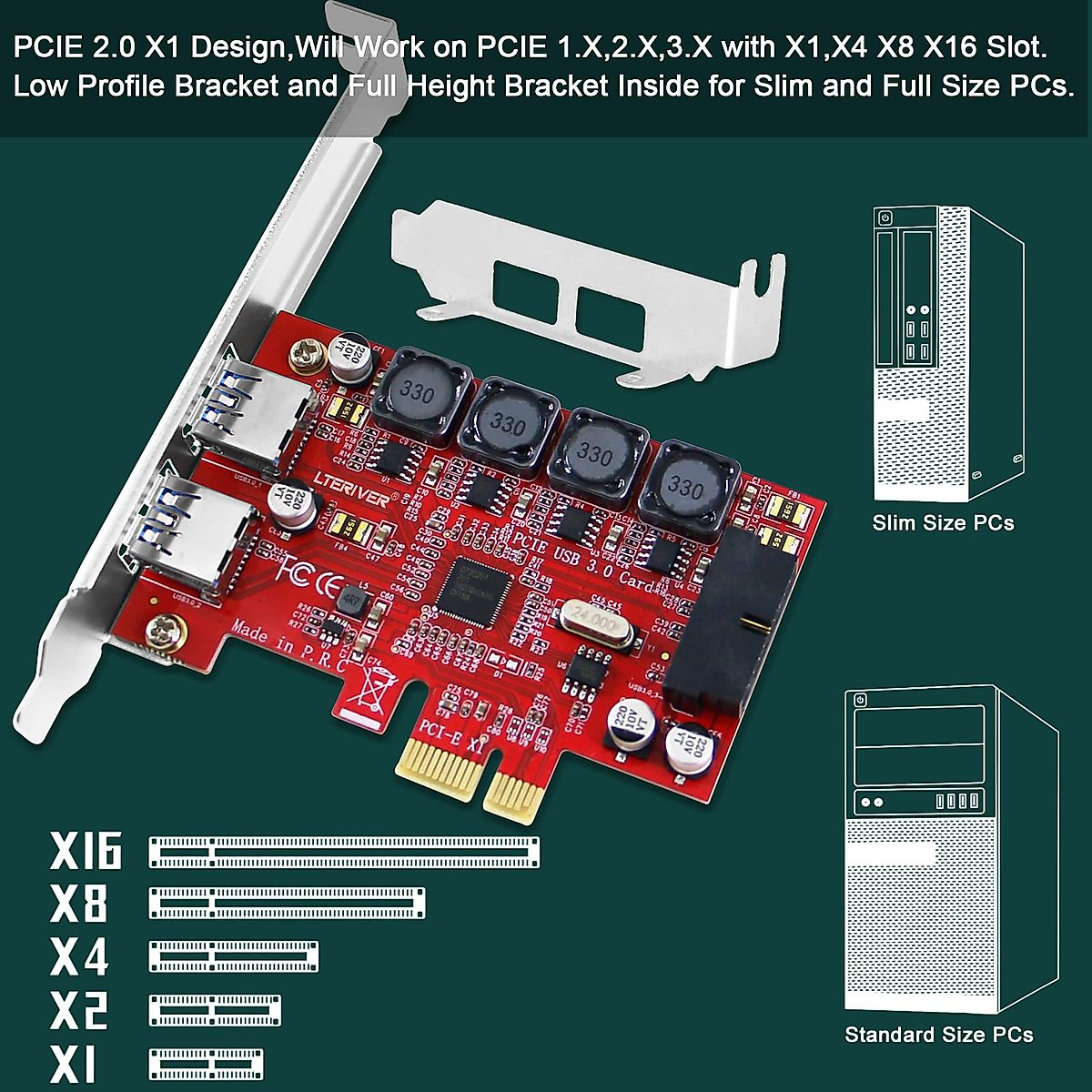 LTERIVER PCIE to 1X 19Pin USB 3.0 Header and 2X USB-A Ports, PCIE USB 3.0 5Gbps Expansion Card for Windows 11, 10, 8.1, 7, XP (32/64), Built Smart Power Control Technology (PCE-IN2EX2)