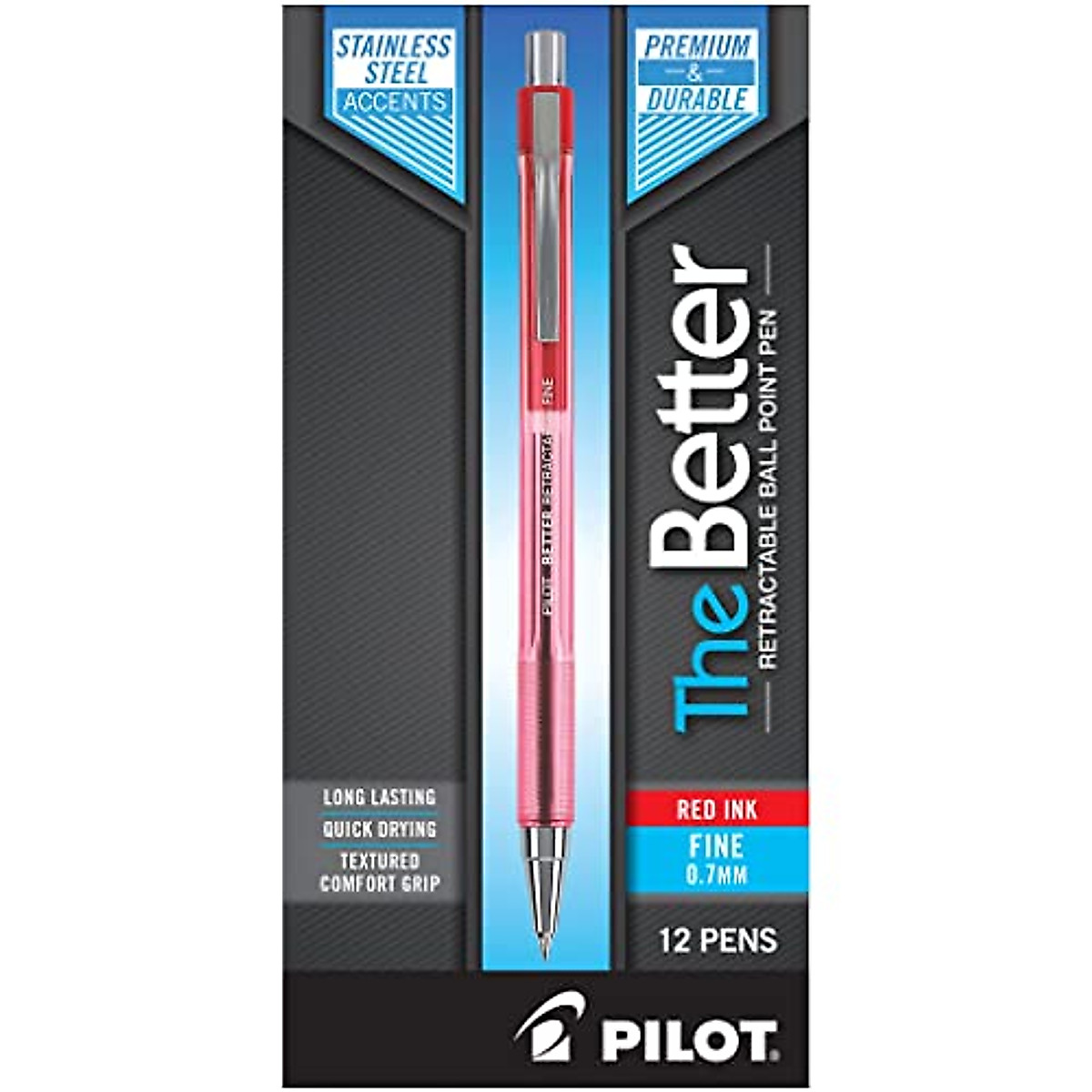 PILOT The Better Ball Point Pen Refillable & Retractable Ballpoint Pens, Fine Point, Red Ink, 12-Pack (30002)