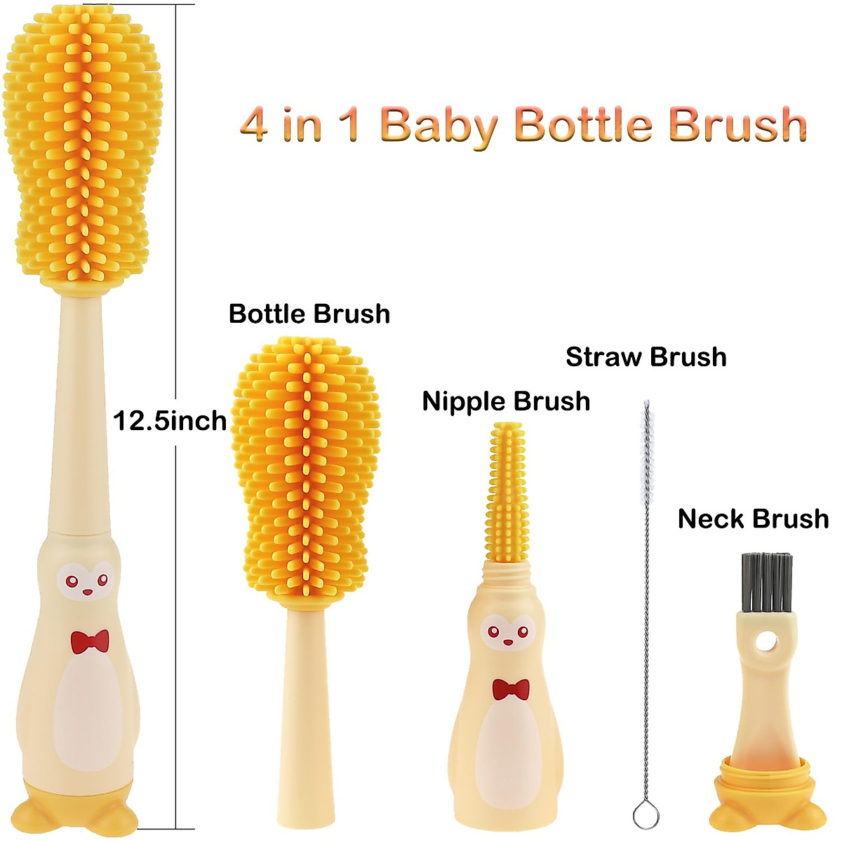 Silicone Bottle Cleaning Brush for Baby, 4-in-1 Baby Bottles Cleaner Set - Bottle/Straw/Nipple/Neck Brushes (Yellow)