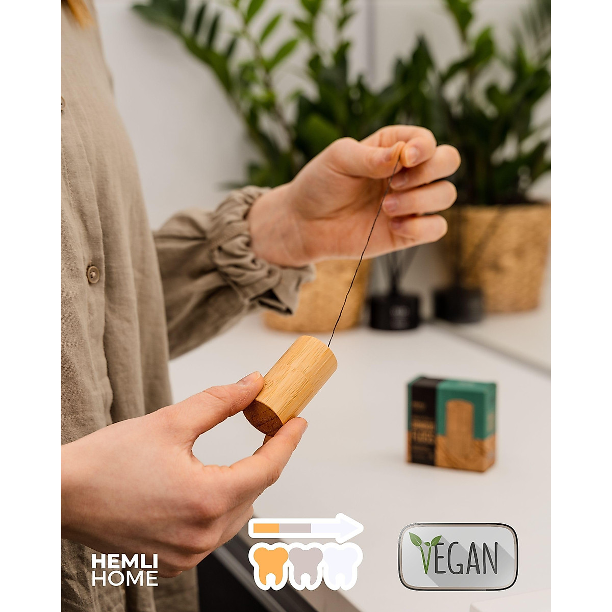 Vegan Bamboo Charcoal Dental Floss - 5-Pack - Refillable Bamboo Container - 5 x 33 Yards - Eco-Friendly Floss - Candelilla Wax Floss with Natural Mint Flavoring