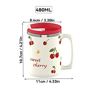 Maiyuansu Cherry Print Stainless Steel Tumbler with Handle Insulated Coffee Cup with Hadle and Lid Portable Travel Mug Water Bottle Double Wall Insulation