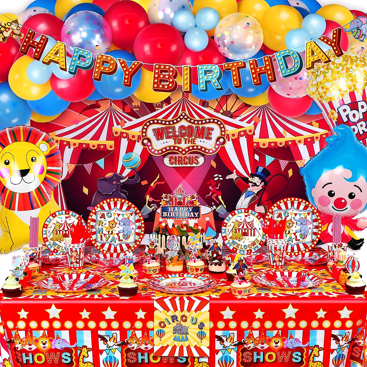 HJINGY Carnival Theme Party Decorations, Circus Theme Party Decorations with Carnival Balloons, Carnival Backdrop, Tablecloth, Happy Birthday Banners, Cake Toppers, Paper Plates and Napkins Set